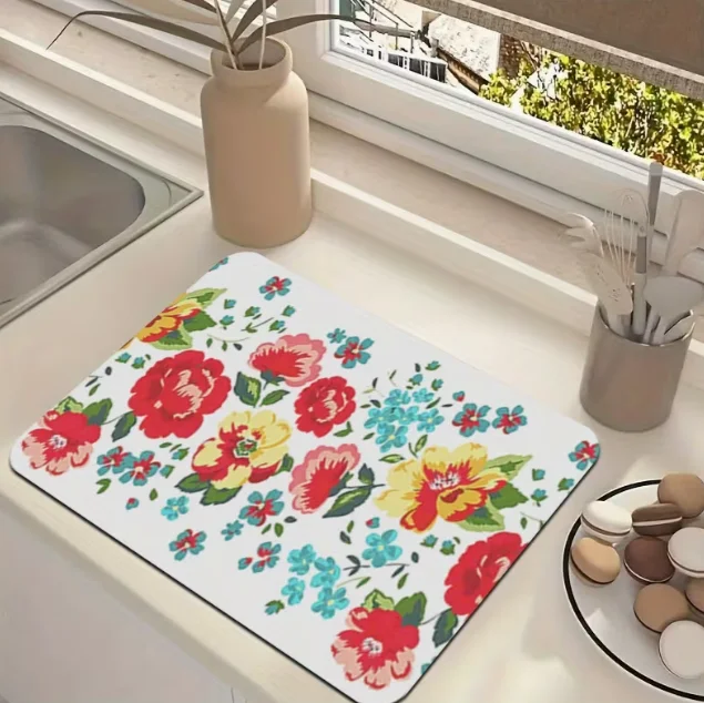 1pc Dish Drying Mat Colorful Floral Print Drying Mat Kitchen Coffee Mat ...
