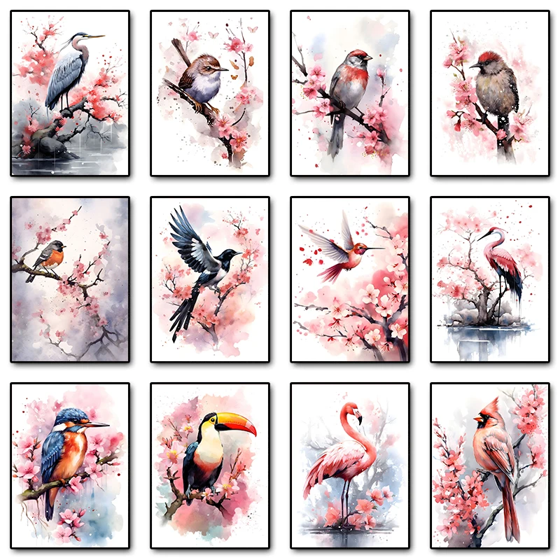 Watercolor-Birds-Flamingo-Robin-Crane-Parrot-Cherry-Blossom-Posters ...