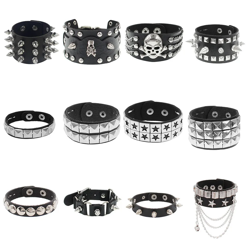 2024-Punk-Skull-Star-Bracelet-Personality-PU-Leather-Three-Rows-Spikes ...