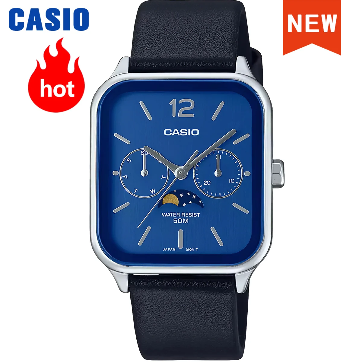 Casio-Men's Moon Phase Small Square Quartz Watch, relógio de negócios ...