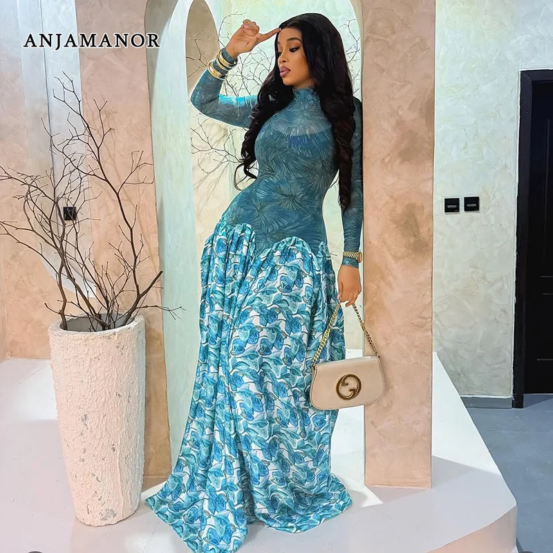 ANJAMANOR maille transparente Patchwork bleu imprimé une ligne robes ...
