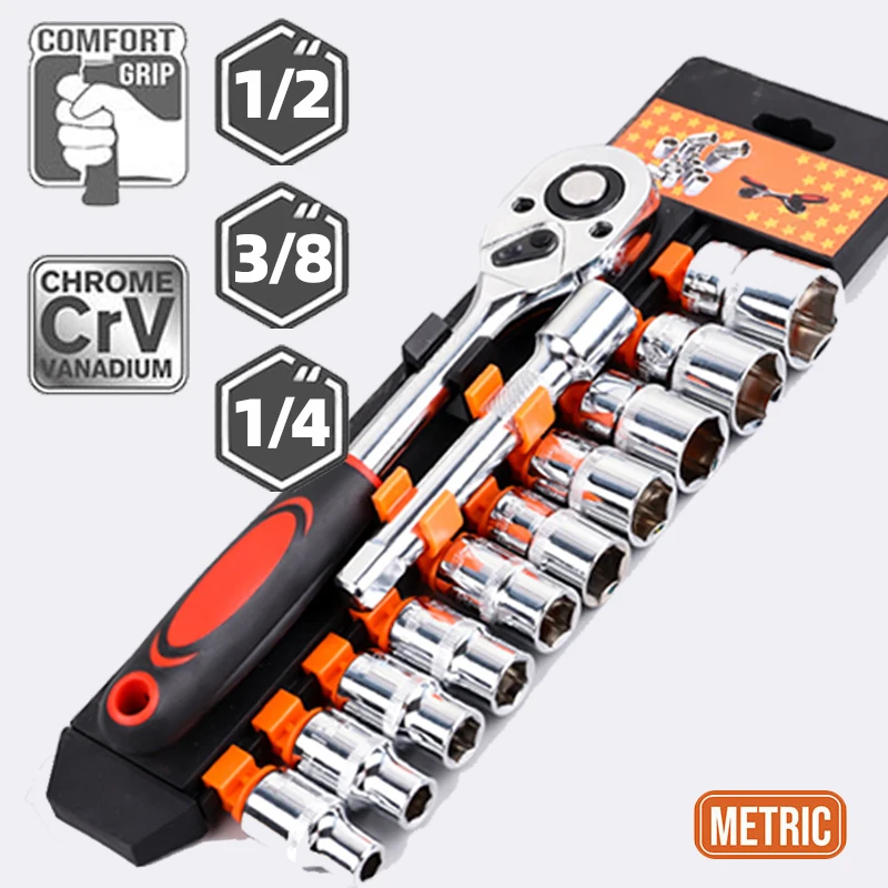 12pcs 1/2 3/8 1/4 Inch Socket Wrench Set Metric Impact Sockets Ratchet ...