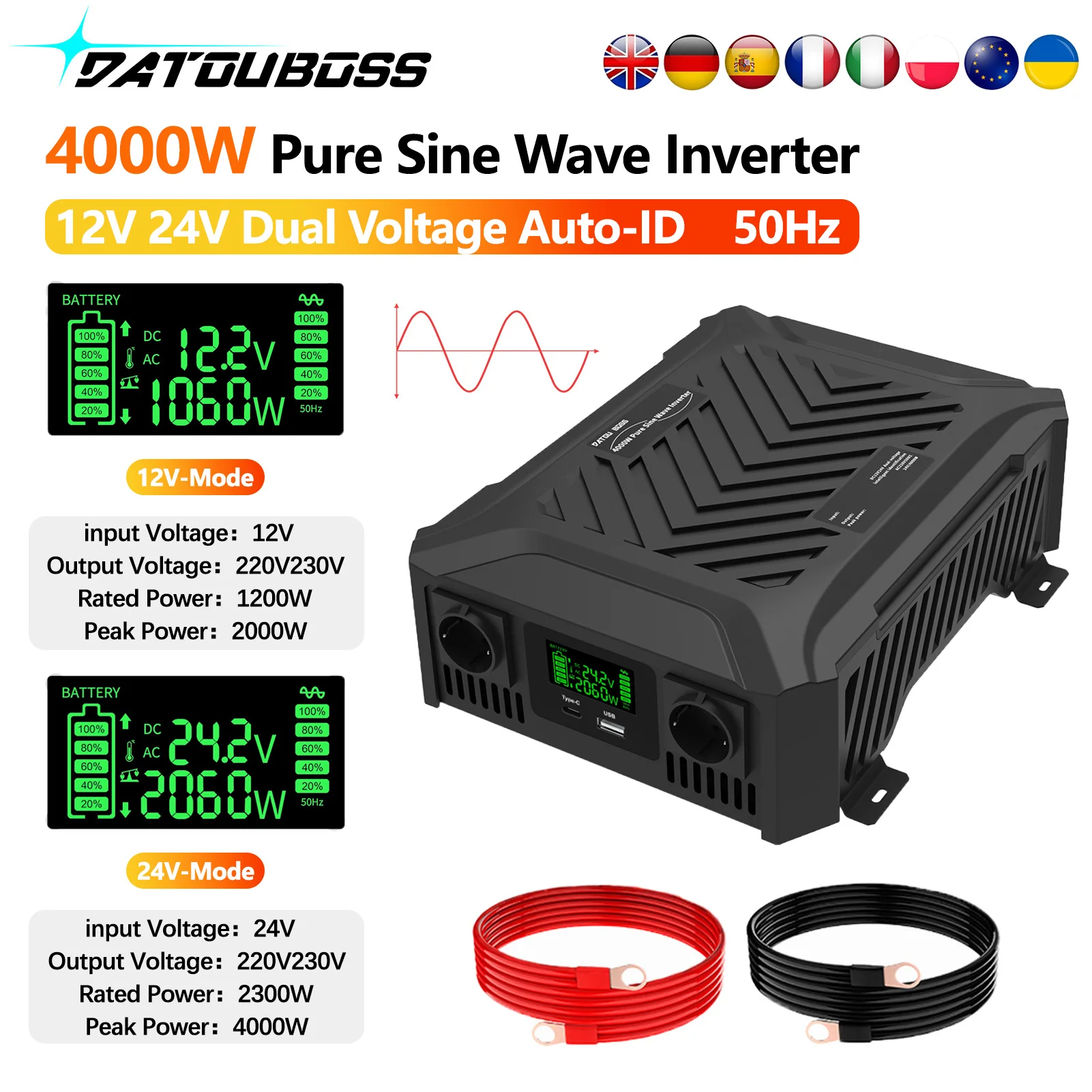 DATOU BOSS Pure Sine Wave Inverter 12v/24v to 220v 1200w 2300w Double ...