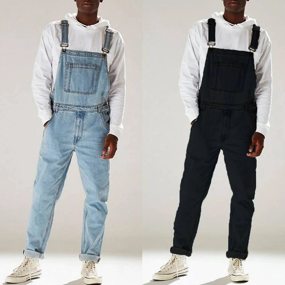 Solid Color Jeans Overalls For Men Fashion Casual Suit High Waist Denim ...