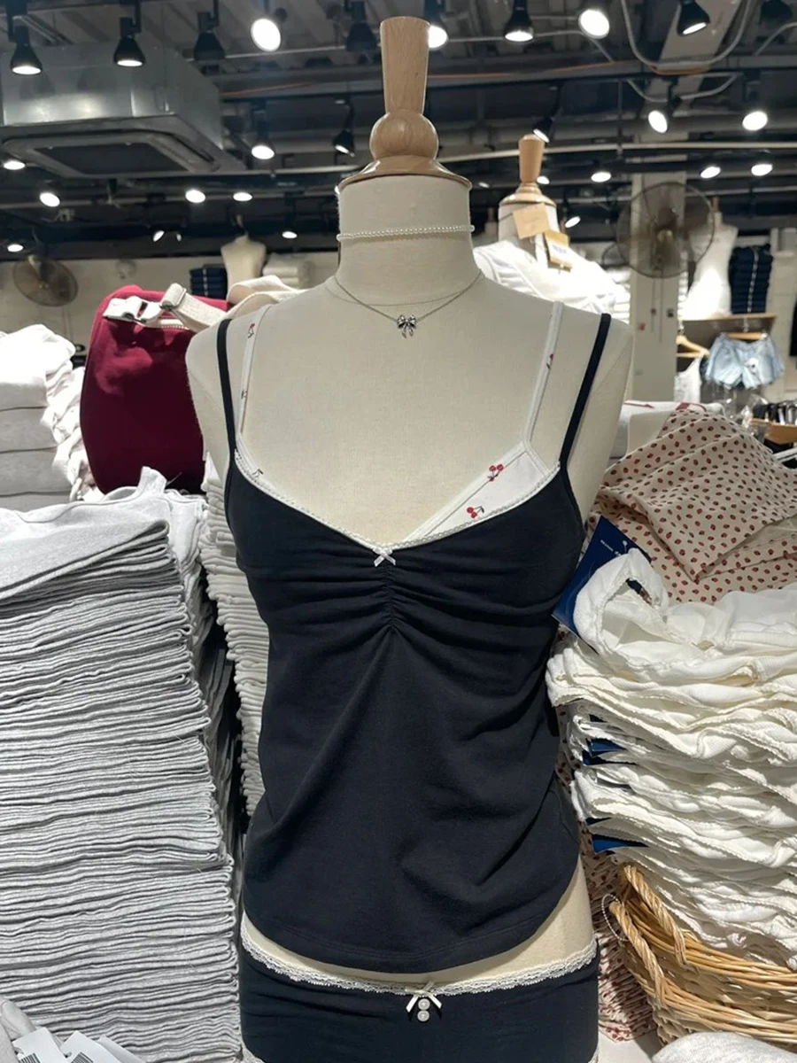 Folds Lace Trim Black Slim Tank Top Woman Summer Bow V-neck Camisole ...