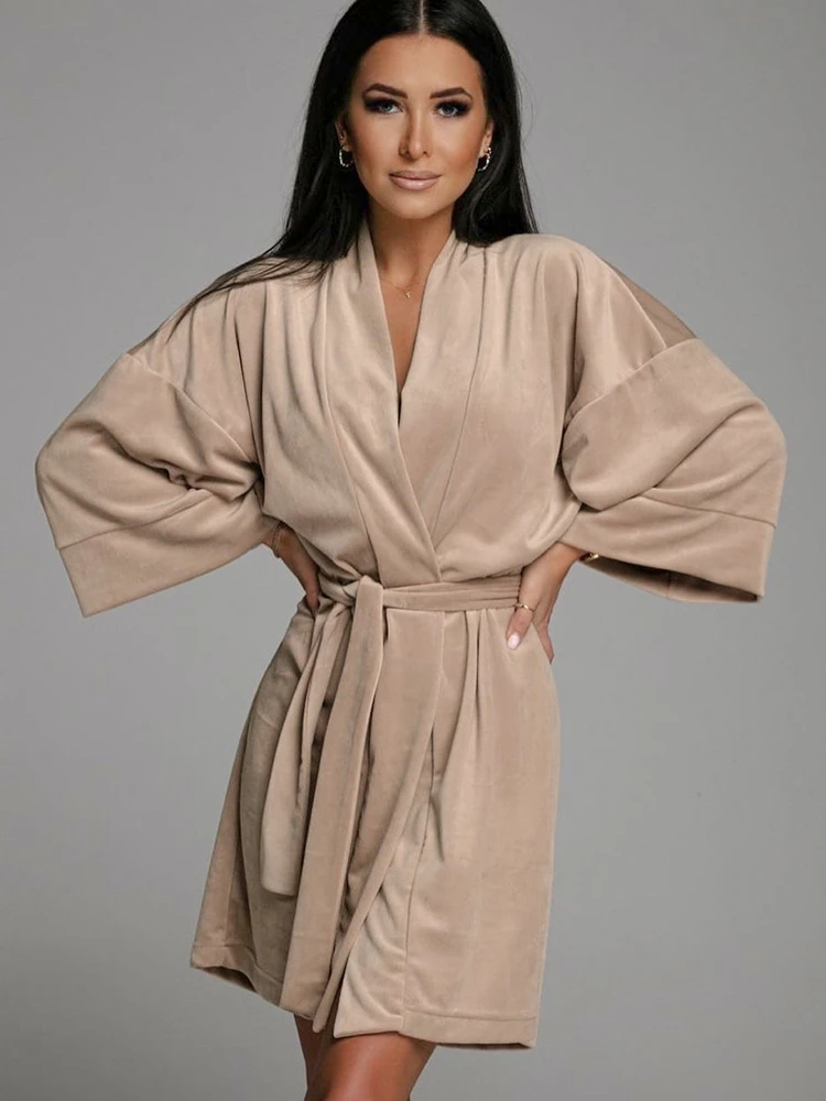 Linad Loose Bathrobe Female Three Quarter Sleeve Sleepwear Knitted ...