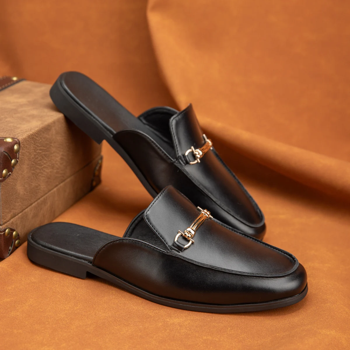 Mens Summer Backless Leather Loafers Half Slippers Breathable Open Back ...