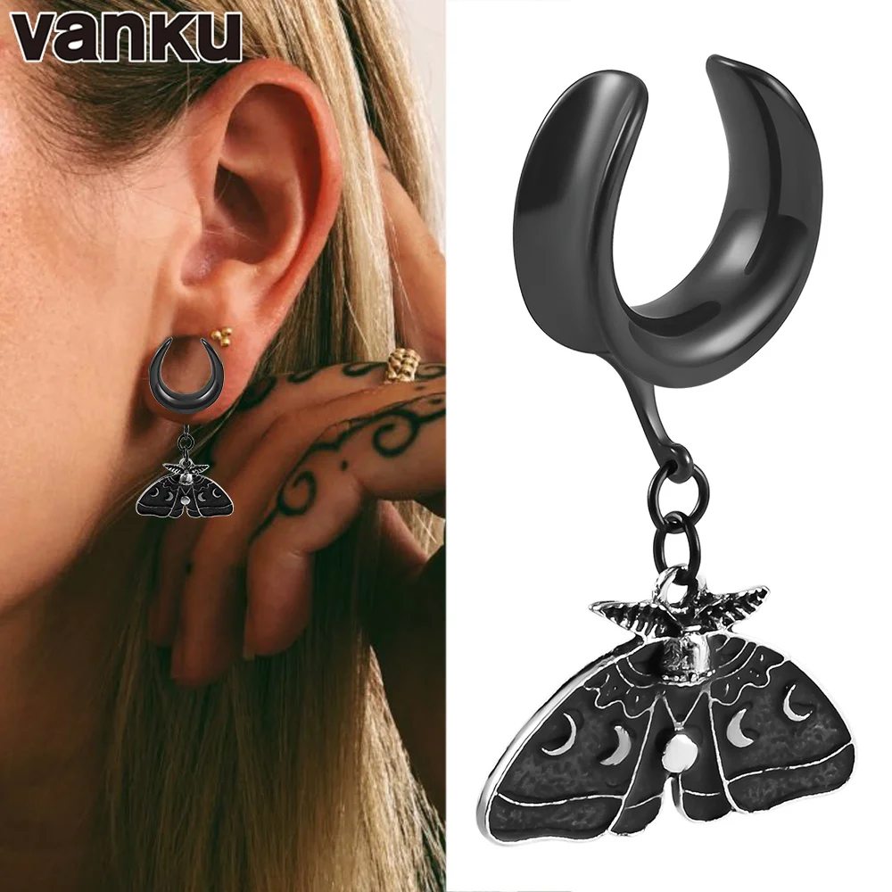 Vanku 트렌디 댕글 나방 안장 이어 플러그 피어싱 바디 쥬얼리 스테인레스 스틸 이어 게이지 터널 스트레처 2 개