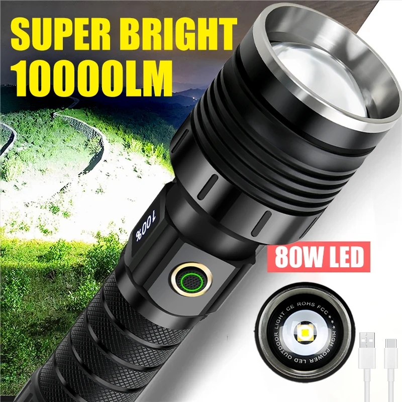 80W-LED-Super-Bright-Zoom-Flashlight-10000-Lumen-Tactical-Torch-With ...