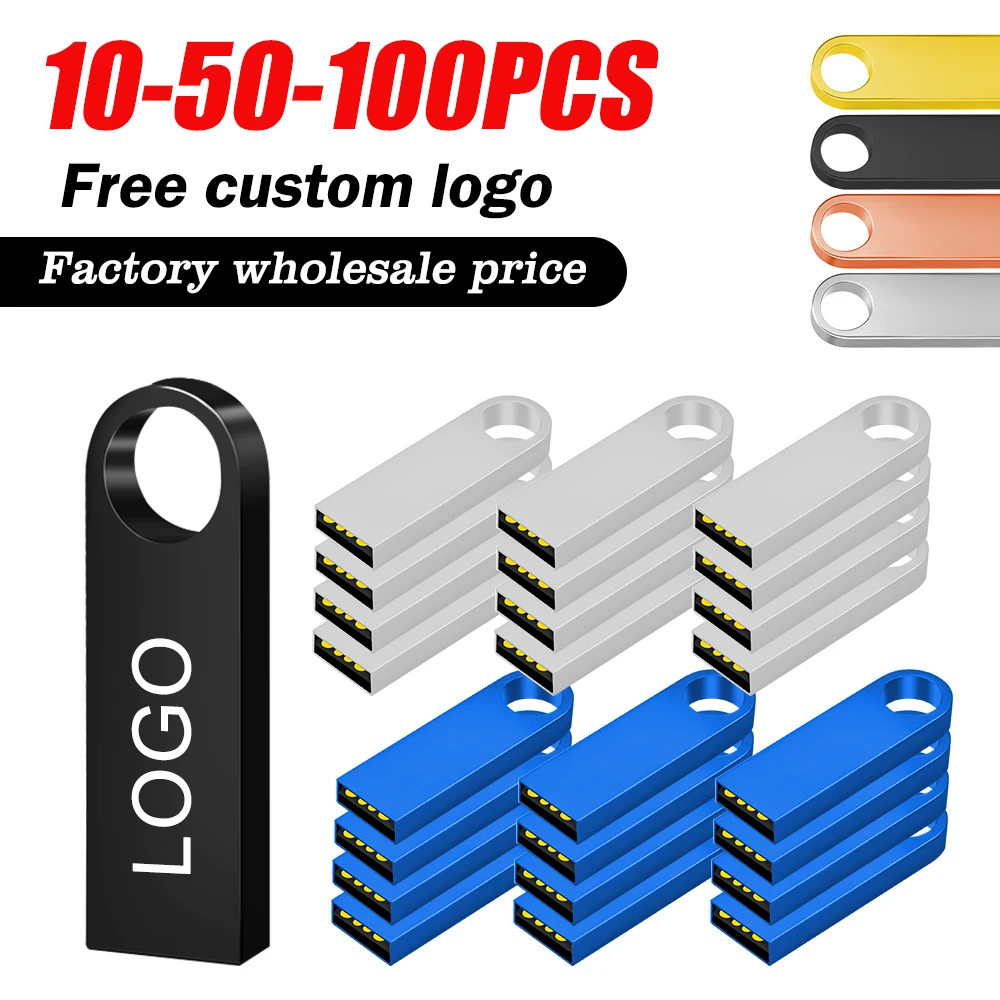 10/50/100PCS Flash Drives Metal 64GB Free Logo Black 32GB Pen Drive ...