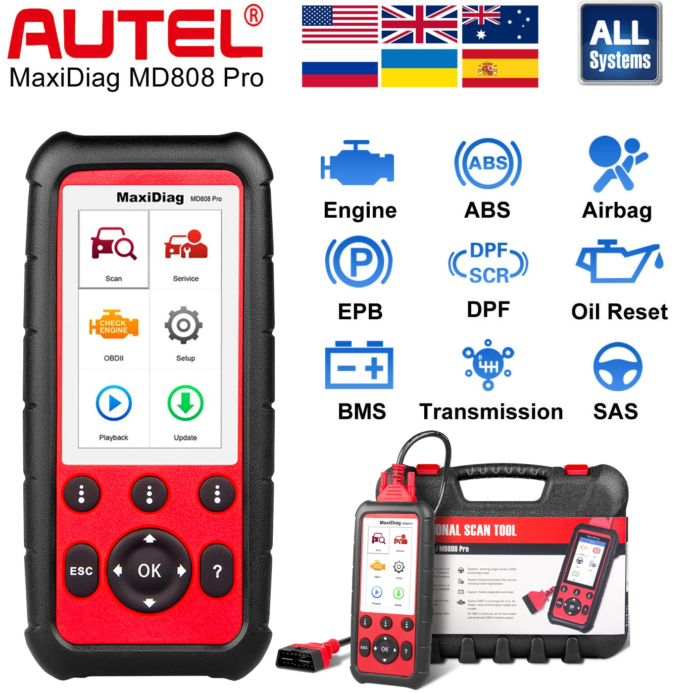 Autel Maxidiag Md808 Pro All System Obdii Scanner With Bms/oil Reset ...