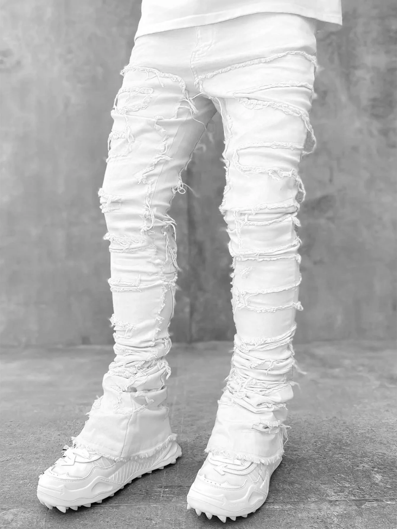 High-Street-White-Men-s-Stacked-Jeans-Stretched-Patchwork-Tassel ...