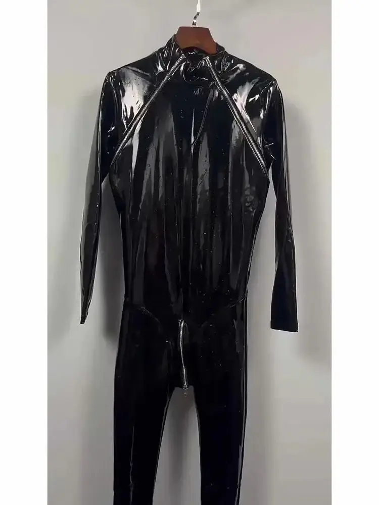 2-Zipper-Wet-Look-PVC-Catsuit-Catsuit-Bodystocking-Shiny-PU-Leather ...