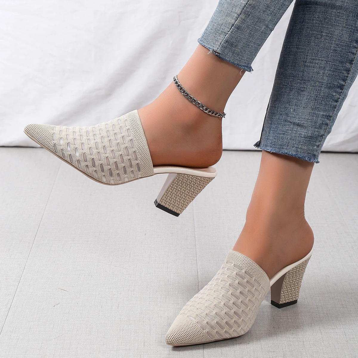 Fabric Air Mesh Mules 7cm Fretwork Heels Pointed Toe Slippers Women ...