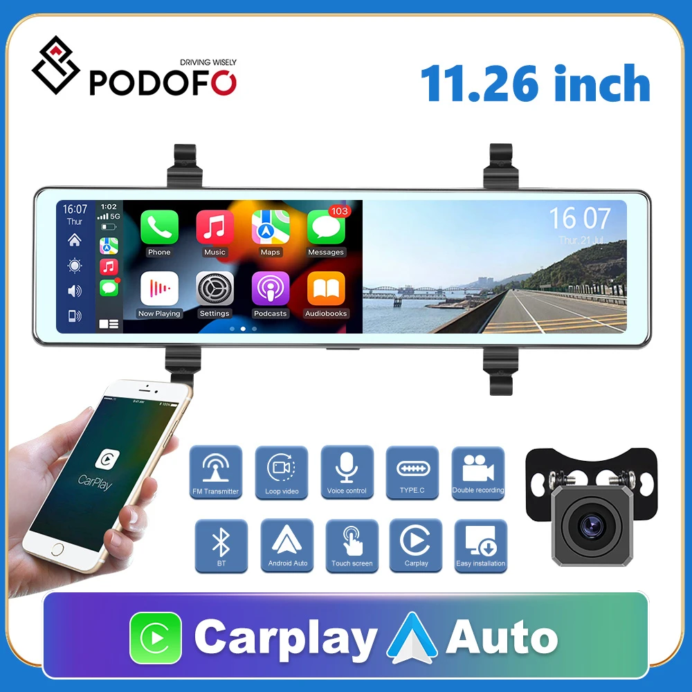 Podofo 11.26 Inch Carplay Mirror Video Recording Android Auto Wireless ...