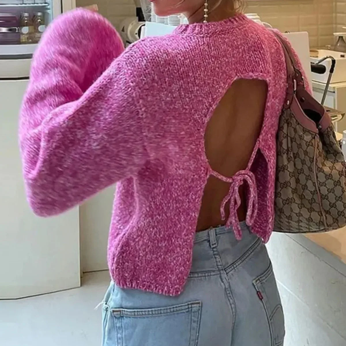 Women-Solid-Knit-O-neck-Back-Cut-Out-Sweater-Oversized-Lace-up-Long ...