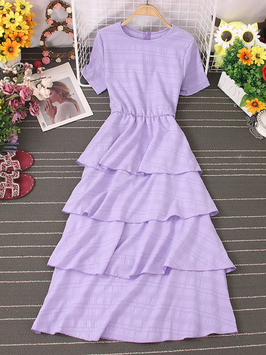 Women Purple/Blue/Pink Cascading Ruffle Dress Female Elegant Round Neck ...