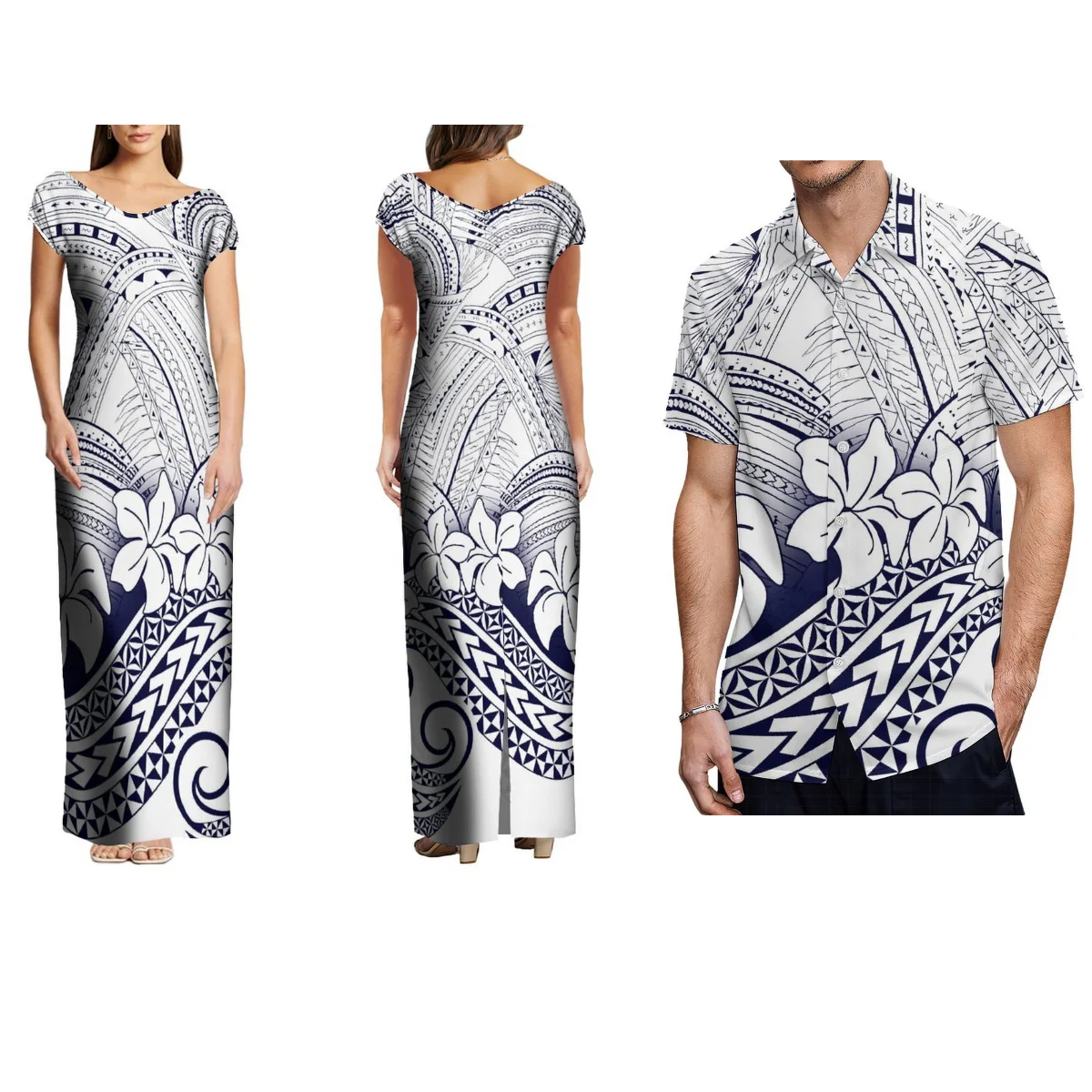 Hawaiian-Short-Sleeve-Long-Dress-Elegant-Split-Party-Dress-Couple-Set ...
