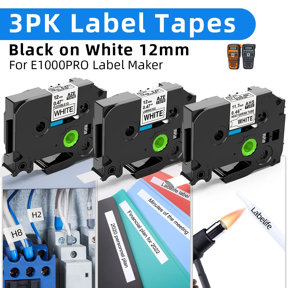 3PK Label Tape 12mm for E1000PRO D210S Label Maker and Compatible for Brother Portable Label ...