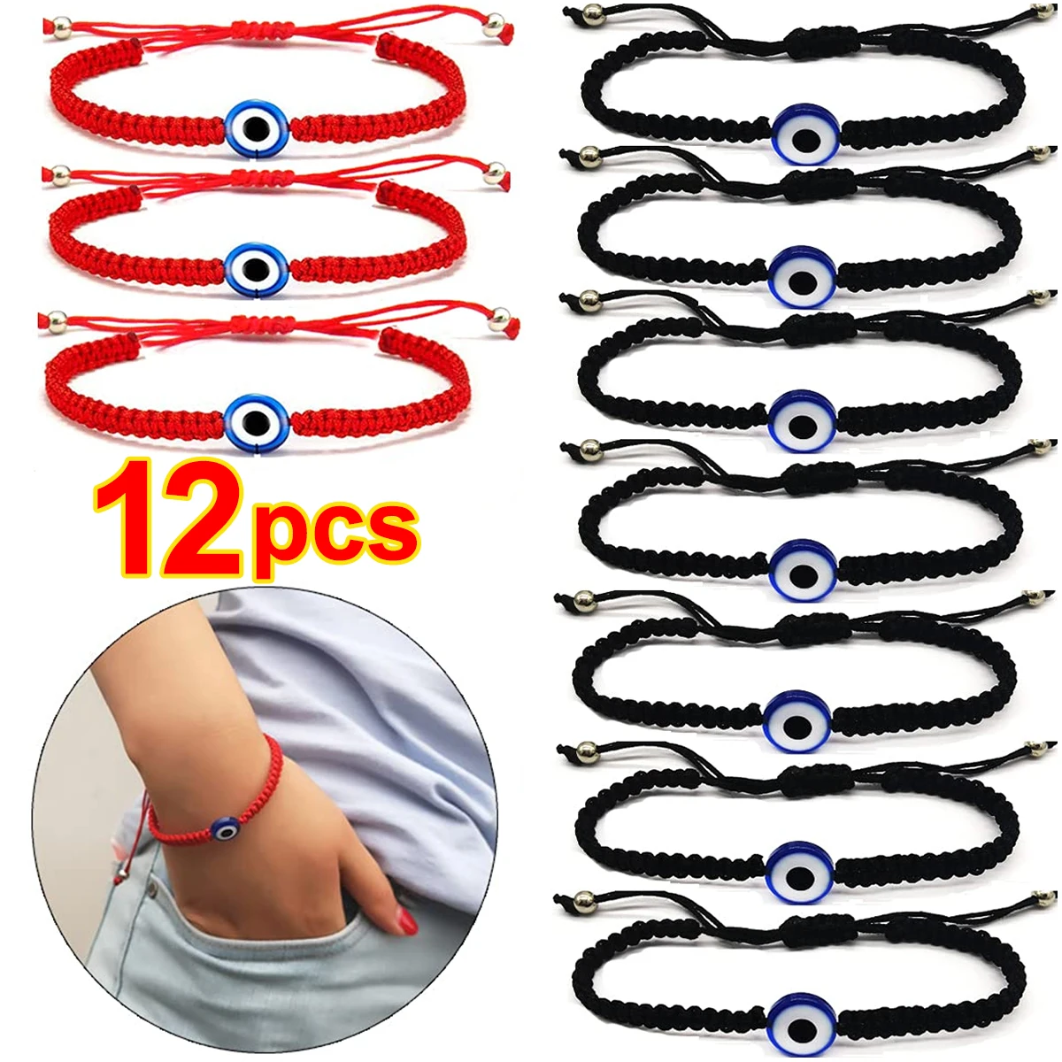 12pcs Evil Eye Red Bracelet Women Men 7 Knot Lucky Handmade Braided ...