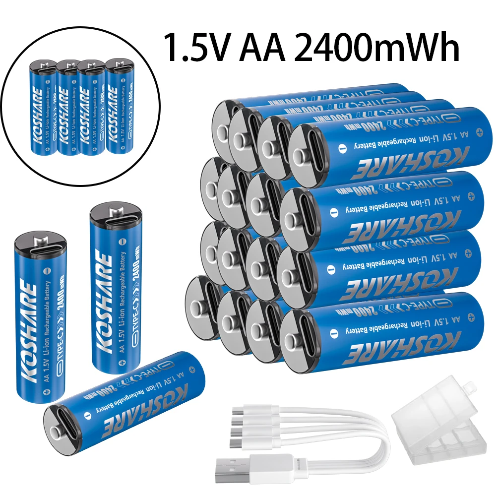 KOSHARE AA 1.5V Li-ion Rechargeable Batteries 2400mWh Type-C Lithium AA ...