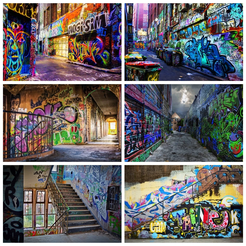 Grunge Graffiti Brick Wall Photography Backdrop Tunnel Street Art Hip ...
