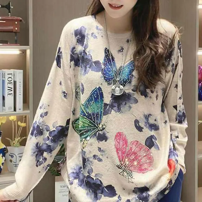 Women's Butterfly Printed Round Neck Jumpers Autumn Winter Female ...