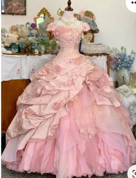 EVLAST-Princess-Pink-Quinnceanera-Dress-Ball-Gown-3D-Floral-Applique ...