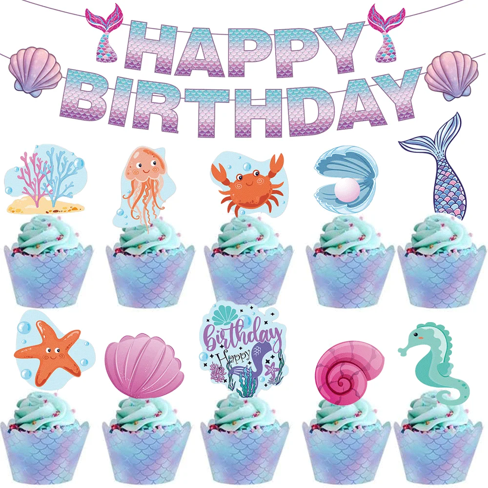 Little Mermaid Party Cupcake Topper Decor Happy Birthday Banner Under ...