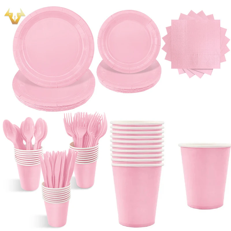 New-Solid-Color-Party-Set-Light-Pink-Disposable-Tableware-Paper-Cup ...
