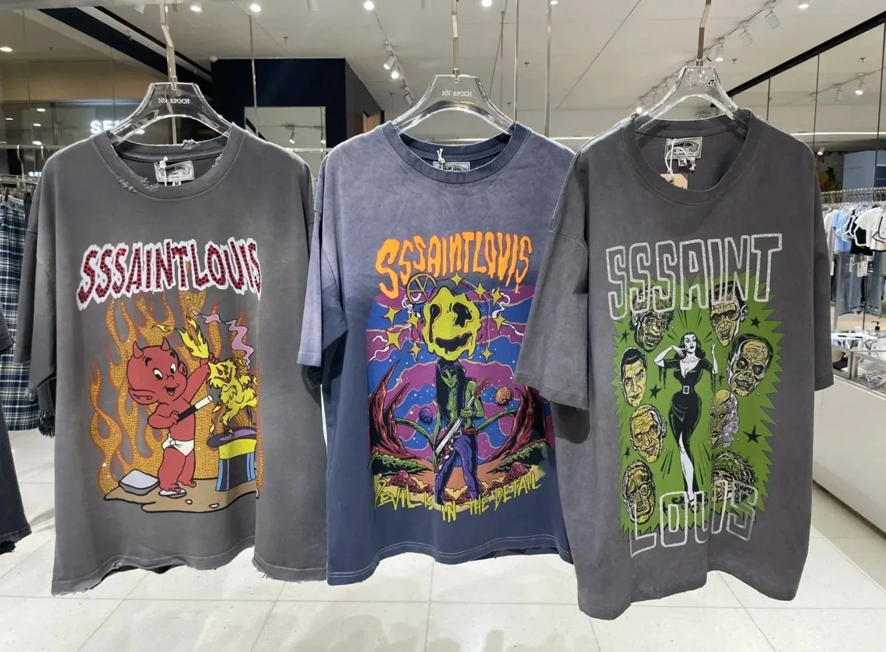 Saint-Michael-Vintage-lavado-camiseta-solta-gola-redonda-manga-curta ...