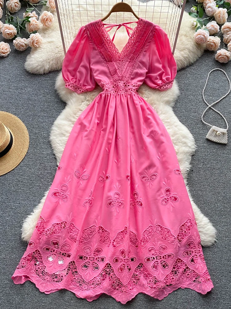 Ftlzz verão elegante feminino decote em v puff manga sólida vestido ...