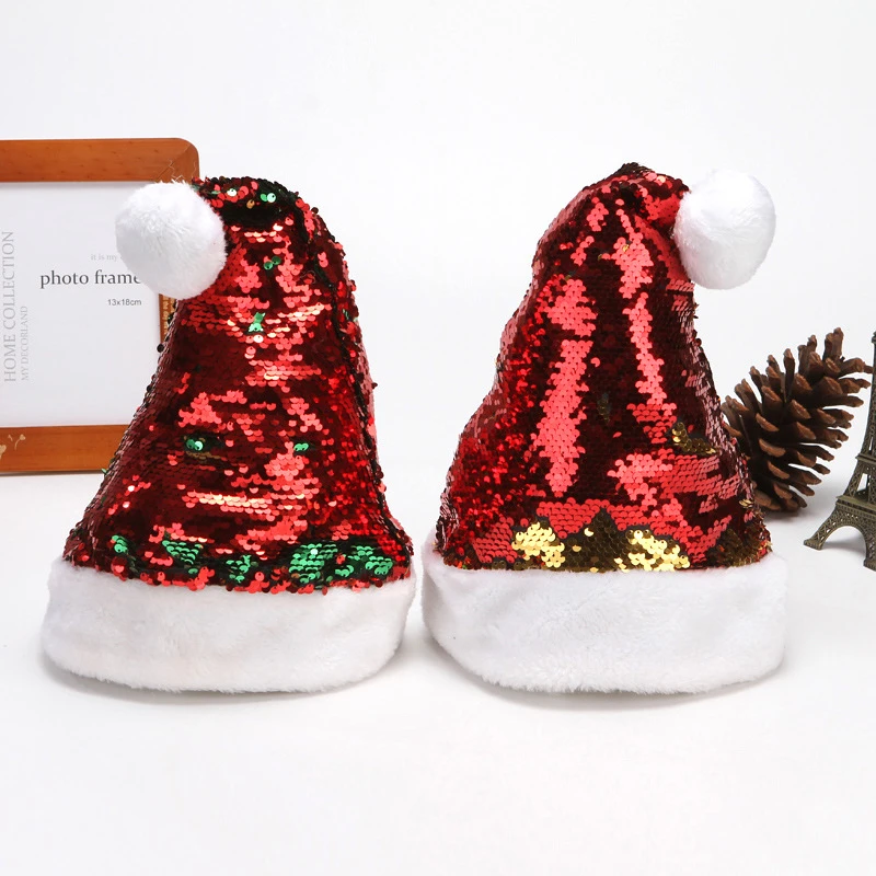 Christmas Hat Flip Sequin Short Plush Xmas Hat Noel Shiny Natal Hat ...