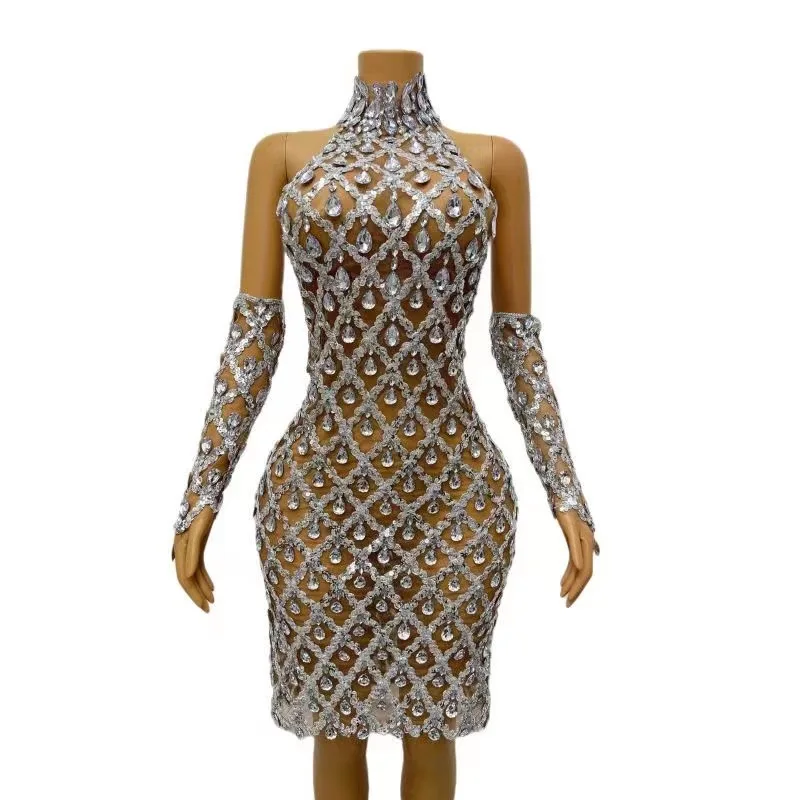 Sexy Sparkly Silver Sequins Rhinestones Mesh Dress With Glove Celebrate
