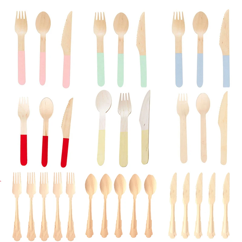 Wooden Fork Spoon Knife Set Disposable | Disposable Birthday Tableware ...
