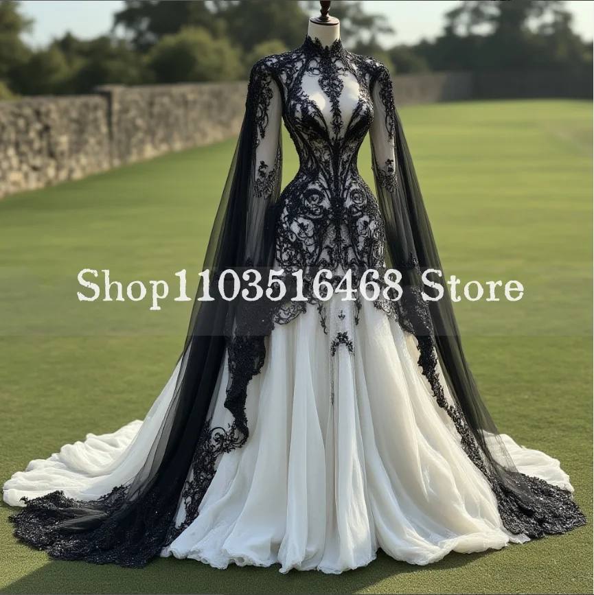 Fluffy Gothic Victorian Prom Dress High Neck Black White Prom Strap ...