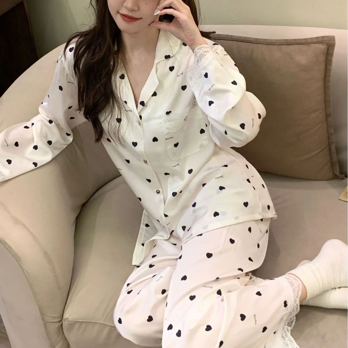 Women-Pajamas-Set-Spring-Sutumn-Sleepwear-Lingerie-2PCS-Shirt-Trouser ...