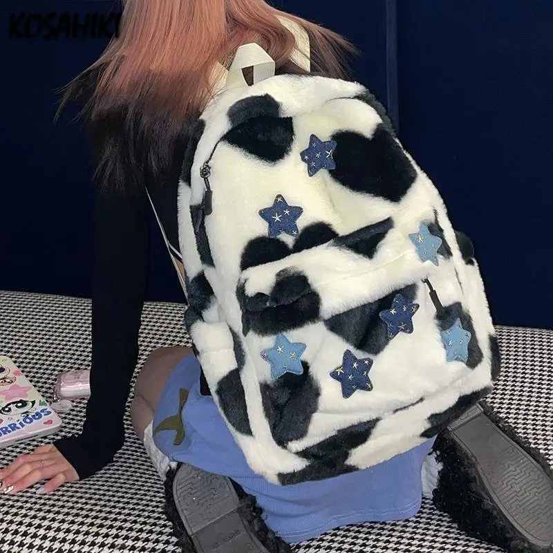 Cow Contrast Color Streetwear Backpacks Kawaii Star Fluffy Bags Women ...