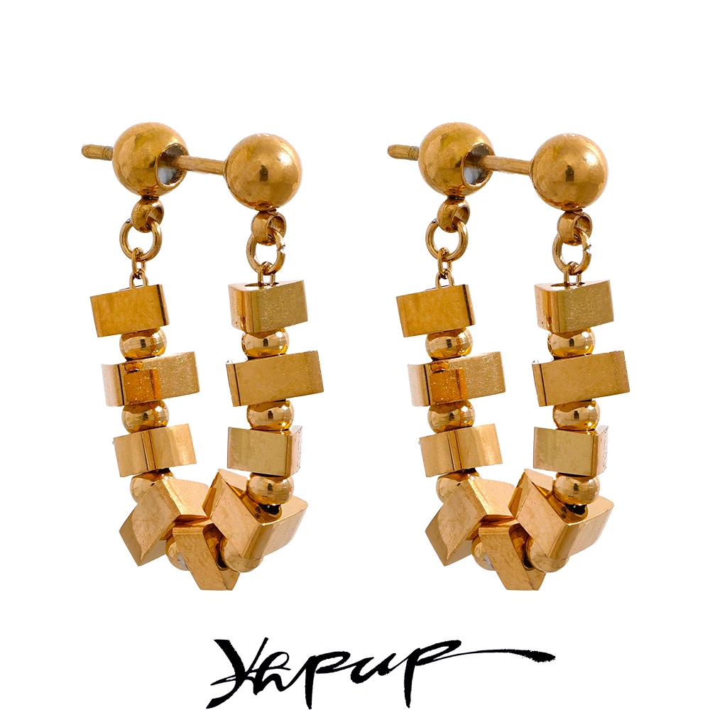 Yhpup Stainless Steel Square Beads Chain Gold Color Hoop Earrings ...