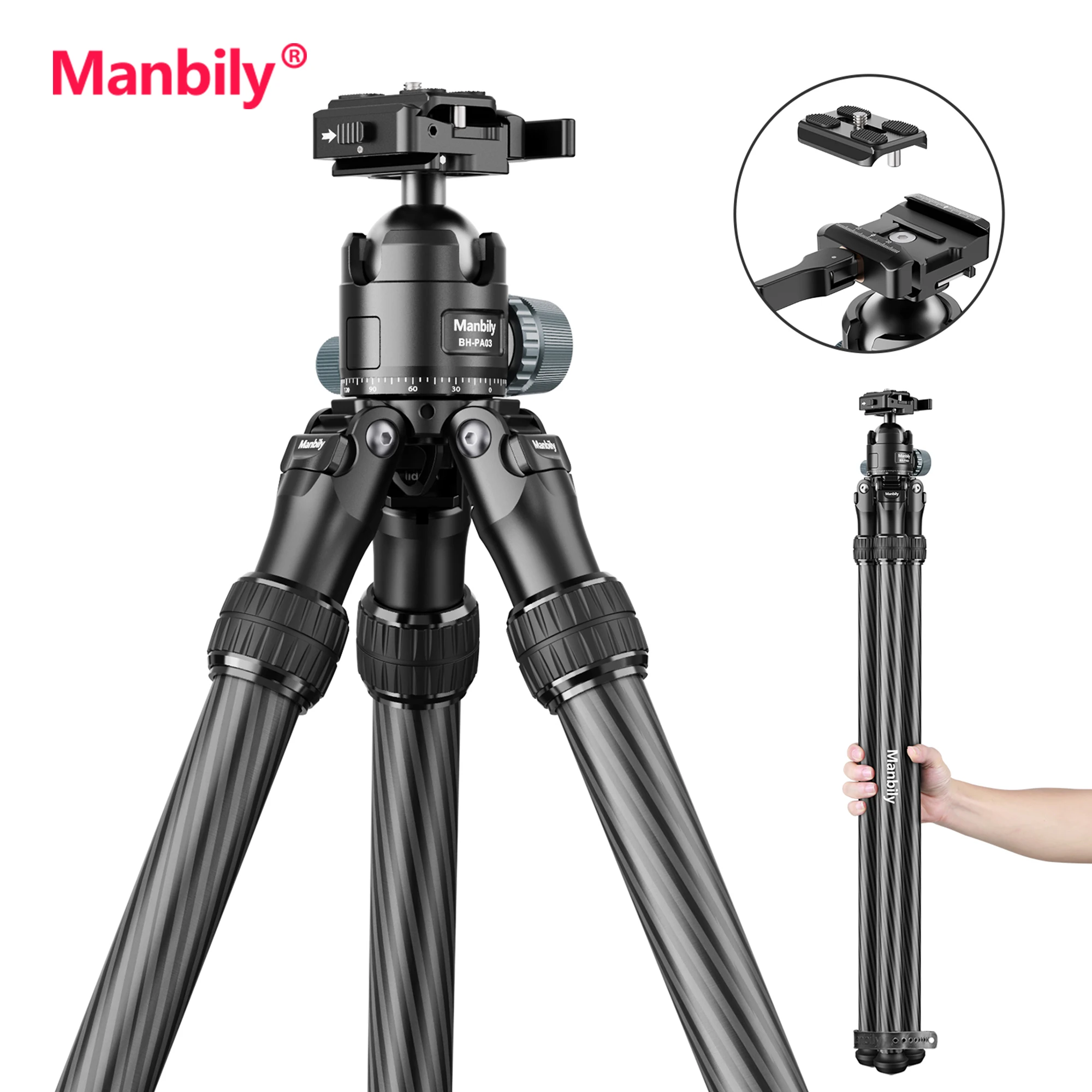Manbily WZ-2832 ألياف الكربون ترايبود كاميرا الثقيلة مع ARCA Picatinny ...