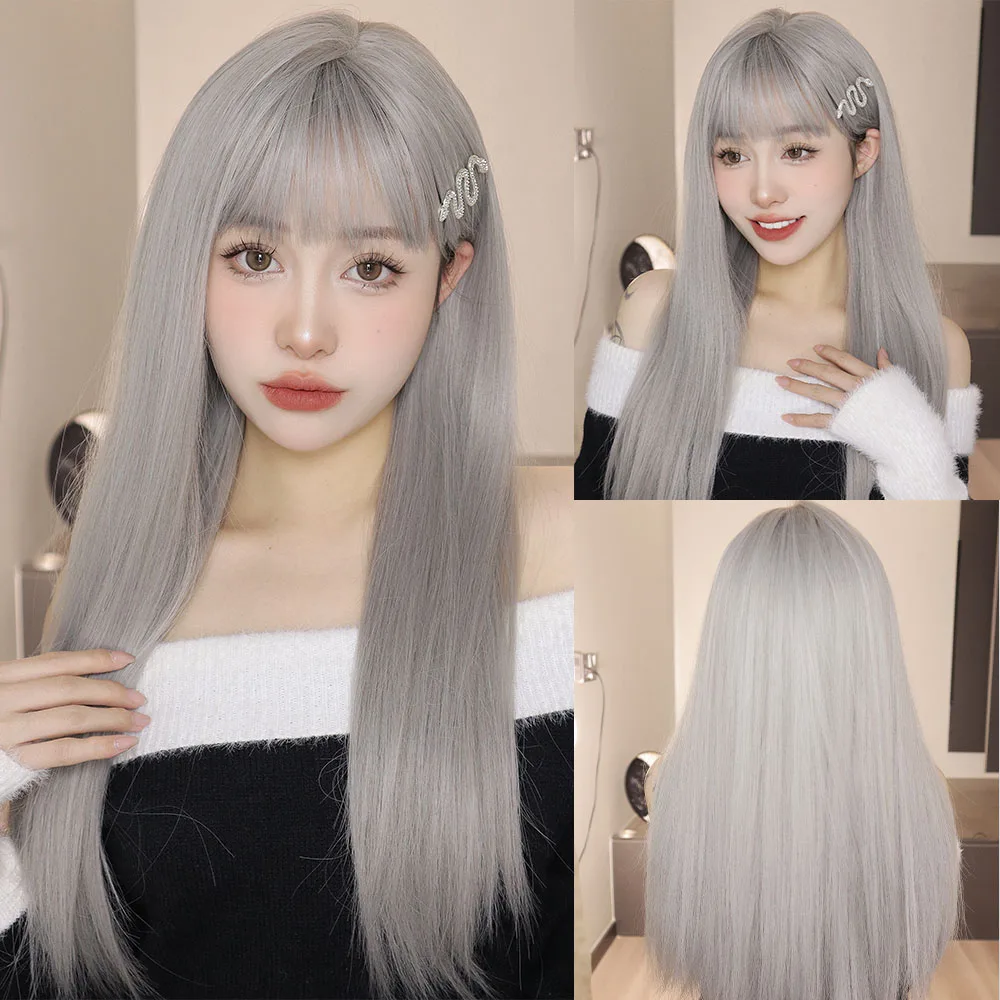 Silver-Ash-Gray-Long-Straight-Synthetic-Wigs-Lolita-Cosplay-Natural ...
