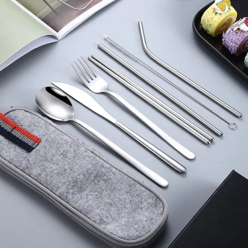 1set-Silvery-Golden-304-Stainless-Steel-Straw-Tableware-Set-Portable ...