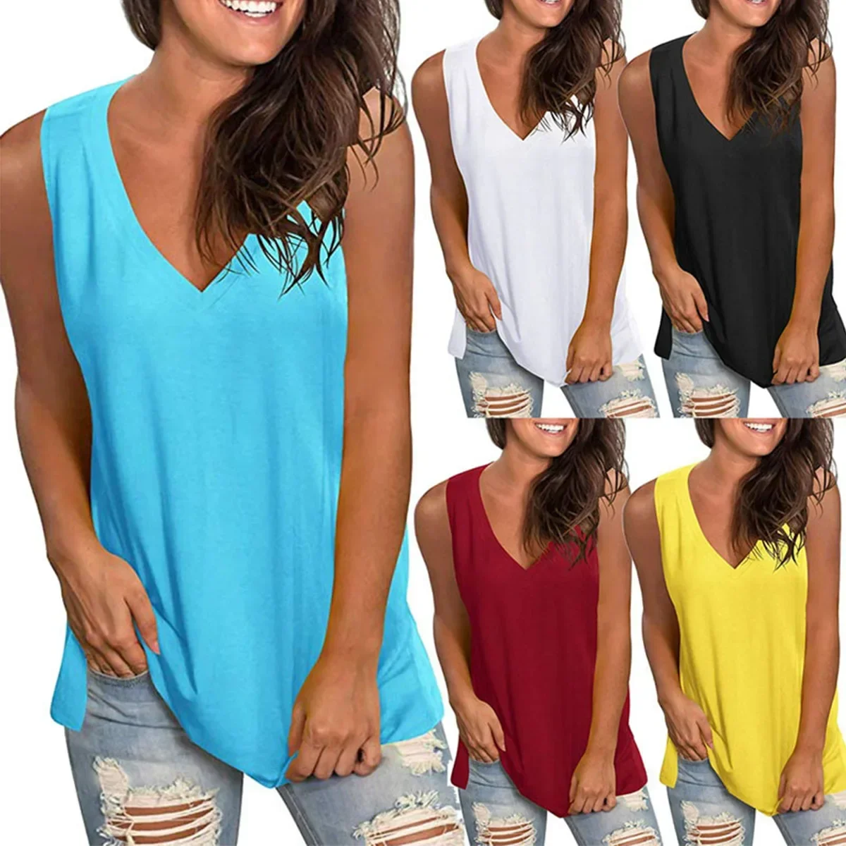 Women-s-L-5XL-Plus-size-solid-color-loose-V-neck-sleeveless-T-shirt ...