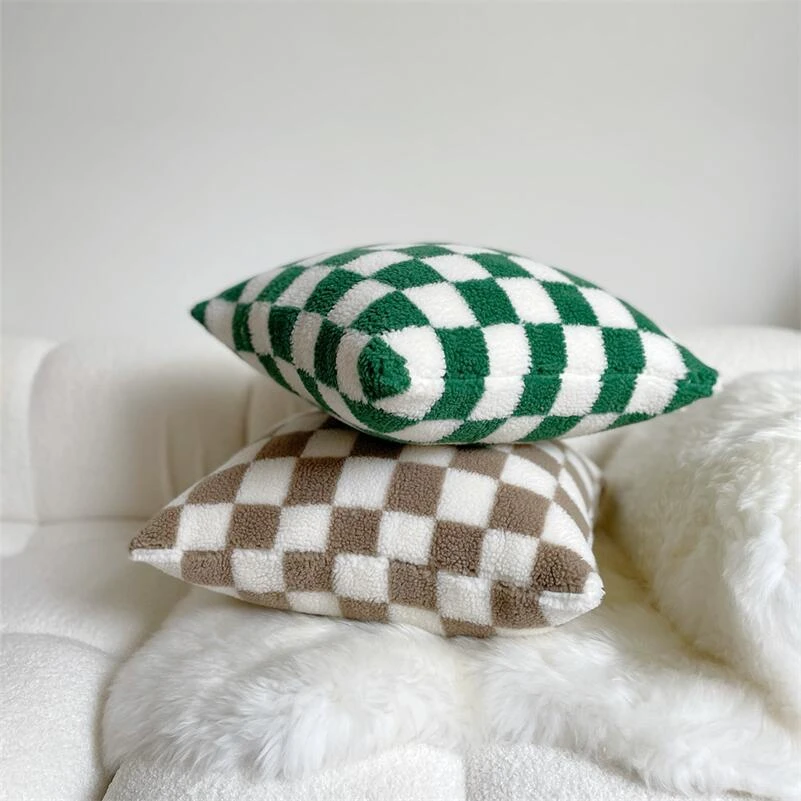 Lamb Fleece Checkerboard Pillow Cushion Cover Soft Waxy Plush Retro ...