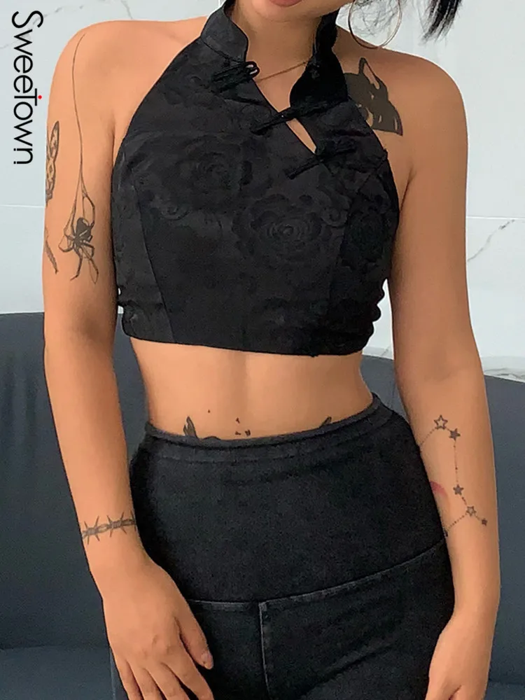 Sweetown Black Gothic Tank Top Cheongsam Collar Backless Halter Lace Up ...