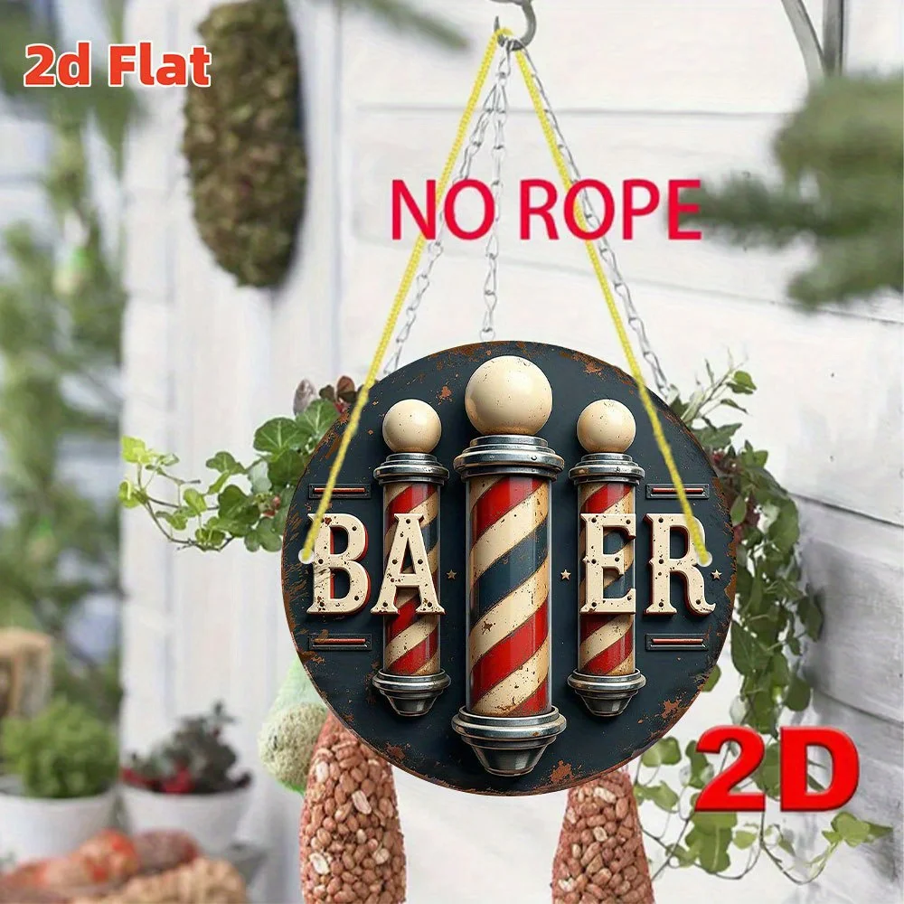 [2D Flat] Vintage Barber Shop Sign - 2D Flat, Round Metal Wall Art with ...