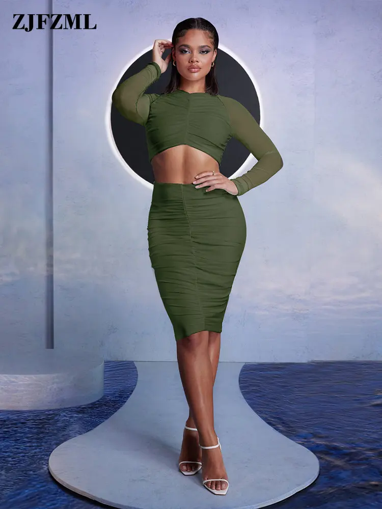 Sexy Bandage Two Piece Skirt Sets For Women Outfits Sheer Mesh Long ...