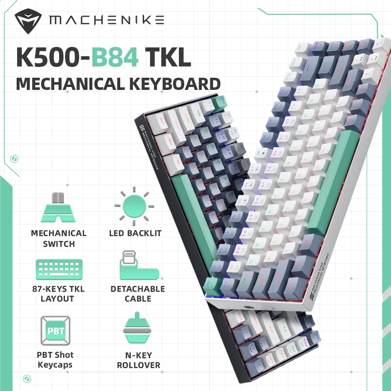 Machenike-K500-B84 TKL Wired teclado mecânico, 84 teclas, LED Backlight, PBT, Doubleshot Keycaps ...