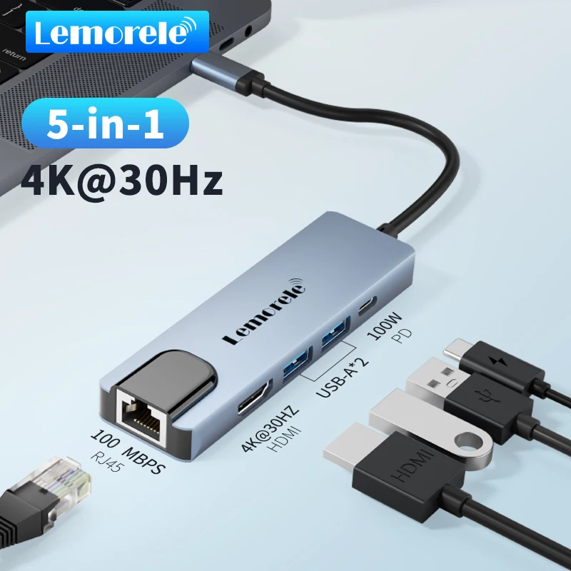 Lemorele TC15 5in1 USB Type c Hub HDMI RJ45 Lan Adapter USB c Hub HDMI ...