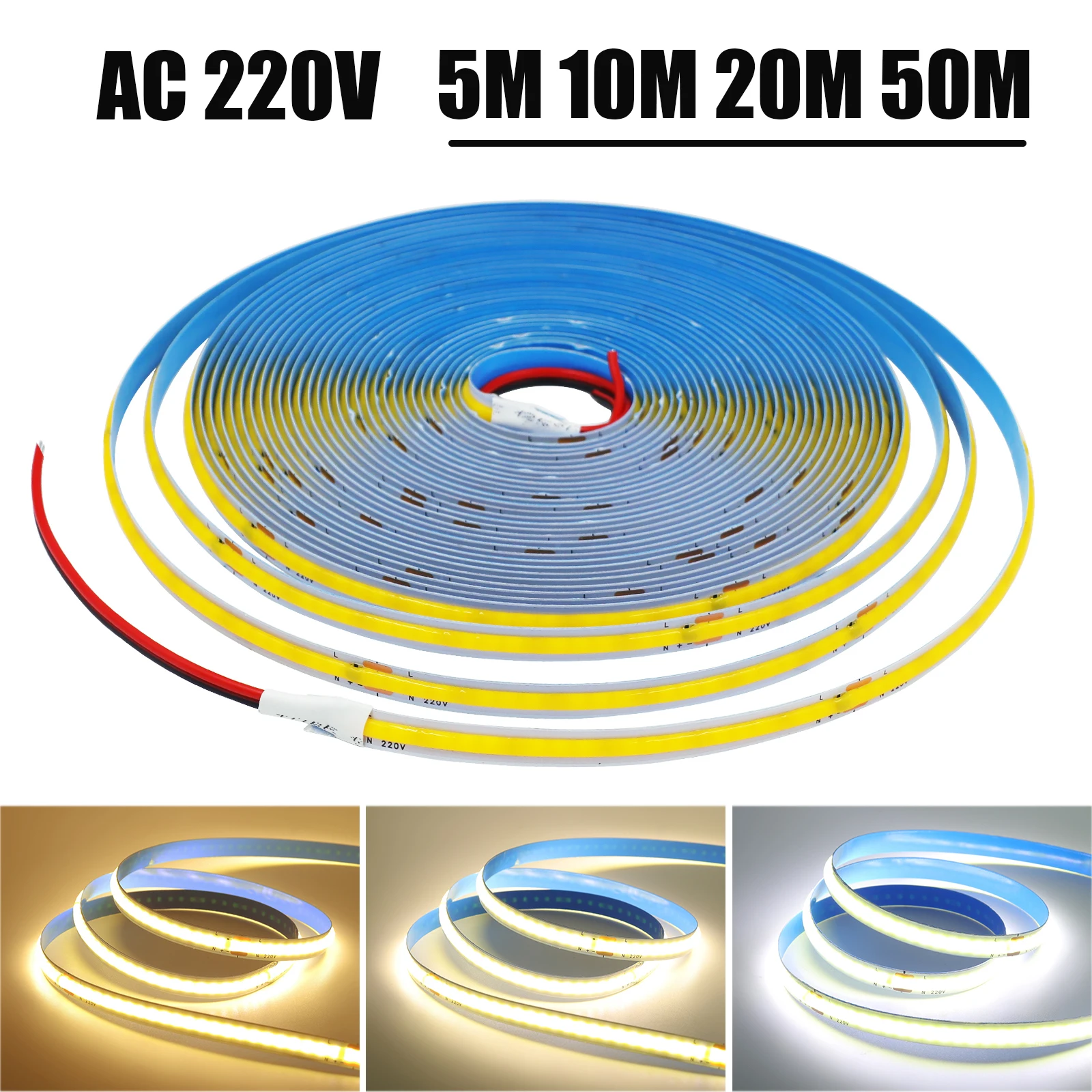5M-10M-20M-50M-Roll-COB-Strip-AC-220V-240Leds-M-IP20-3000K-4000K-6000K ...